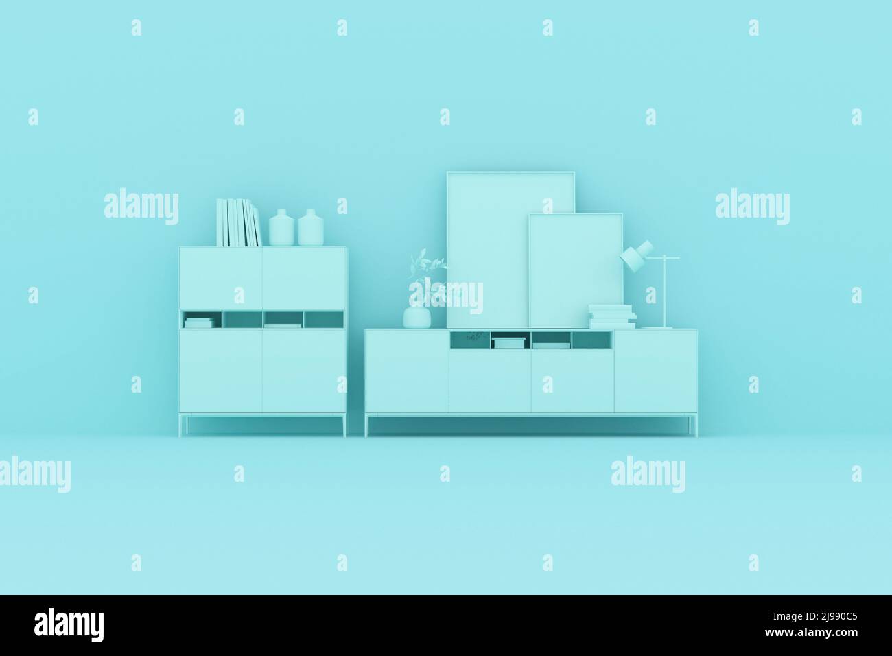 Pink-blue interior scene with entryway cabinet, picture frame ...