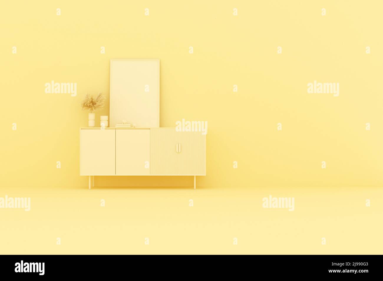 Pink-yellow interior scene with entryway cabinet, picture frame ...