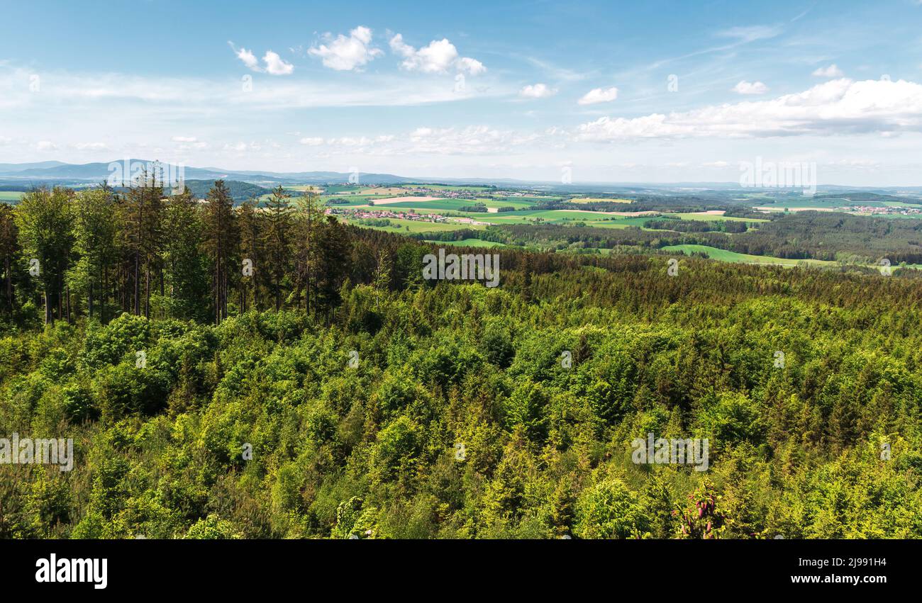 Panoramic view to Czech spring valley landscape from hill Velky Kamen ...