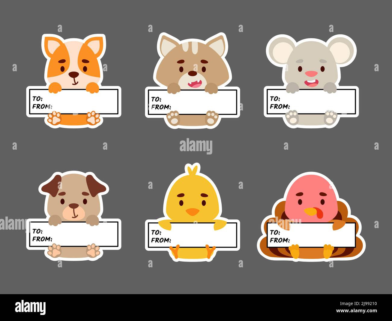 Sticky labels set of dog, cat, mouse, chicken, turkey. Cute cartoon ...