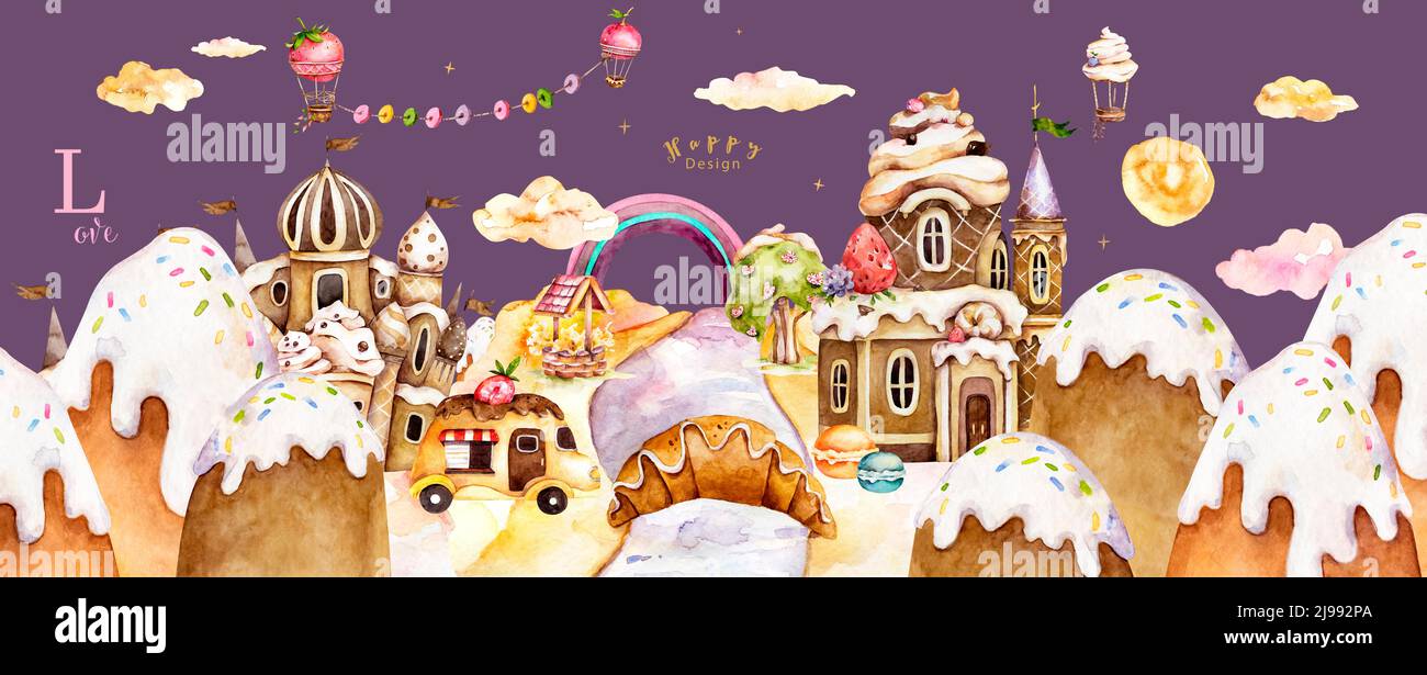 Sweet land watercolor illustration, wonderland. Cartoon fantasy candy ...