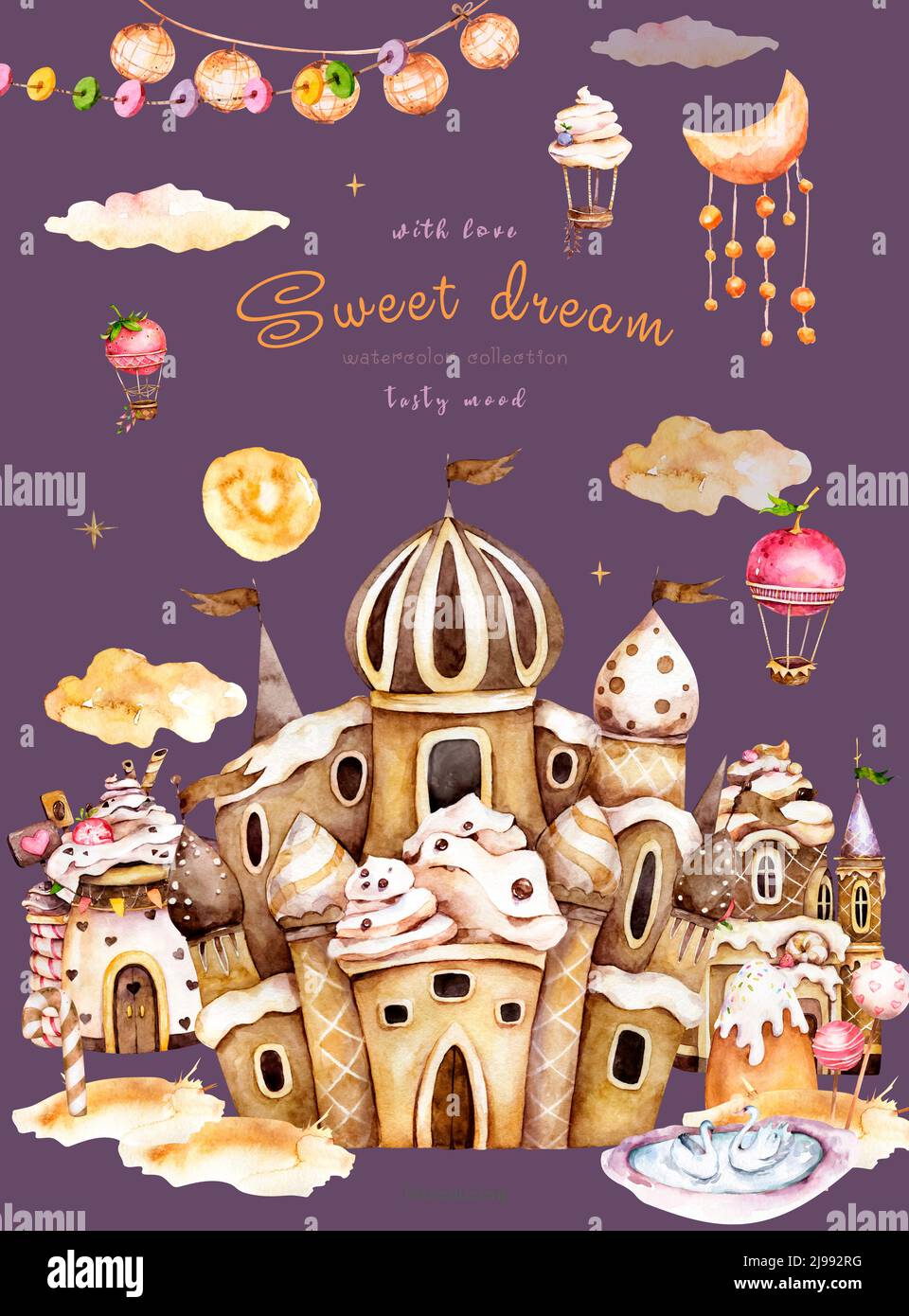 Sweet land watercolor illustration, wonderland. Cartoon fantasy candy ...