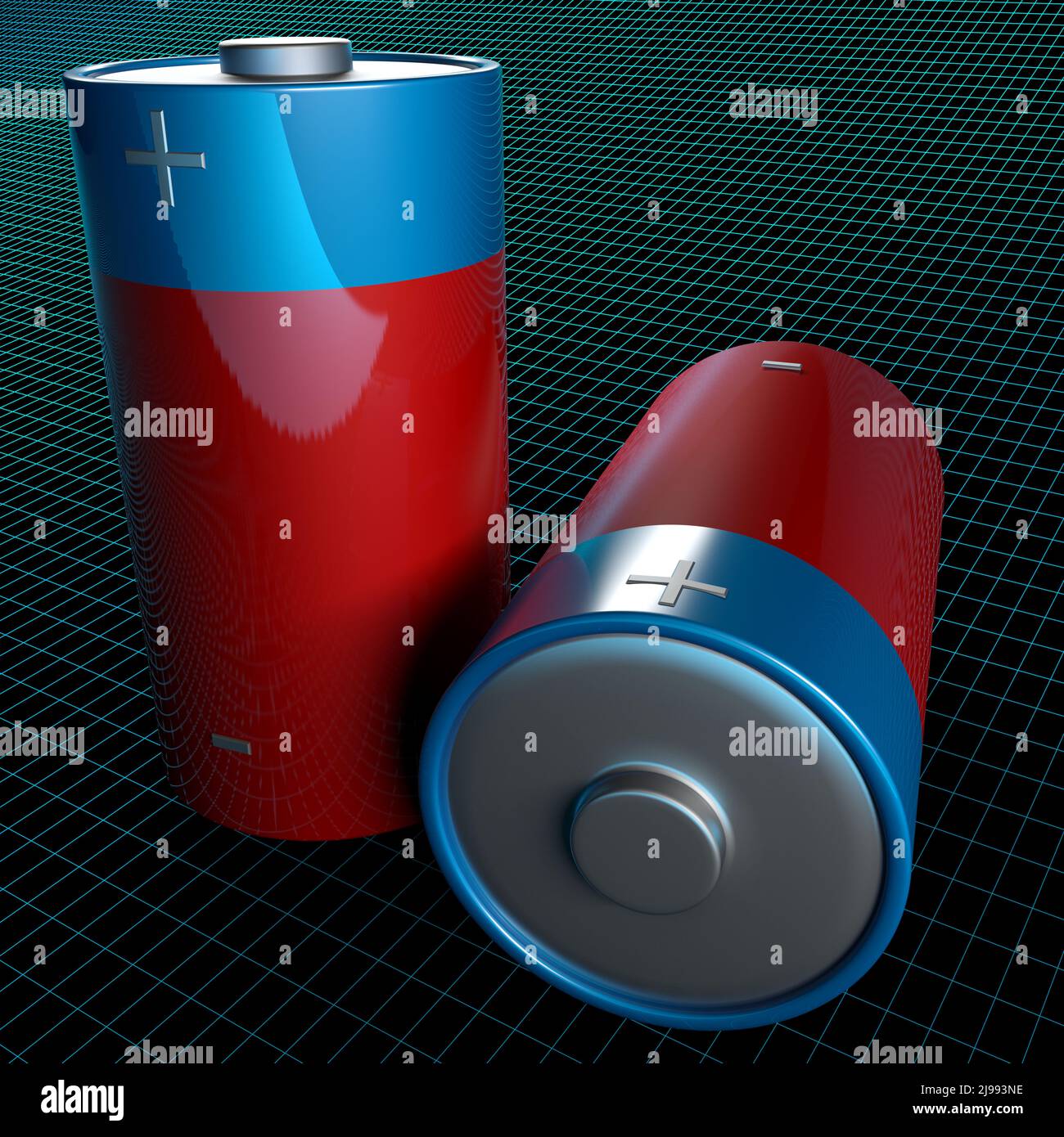 Glossy red and blue batteries over a blue grid on black background - 3D ...