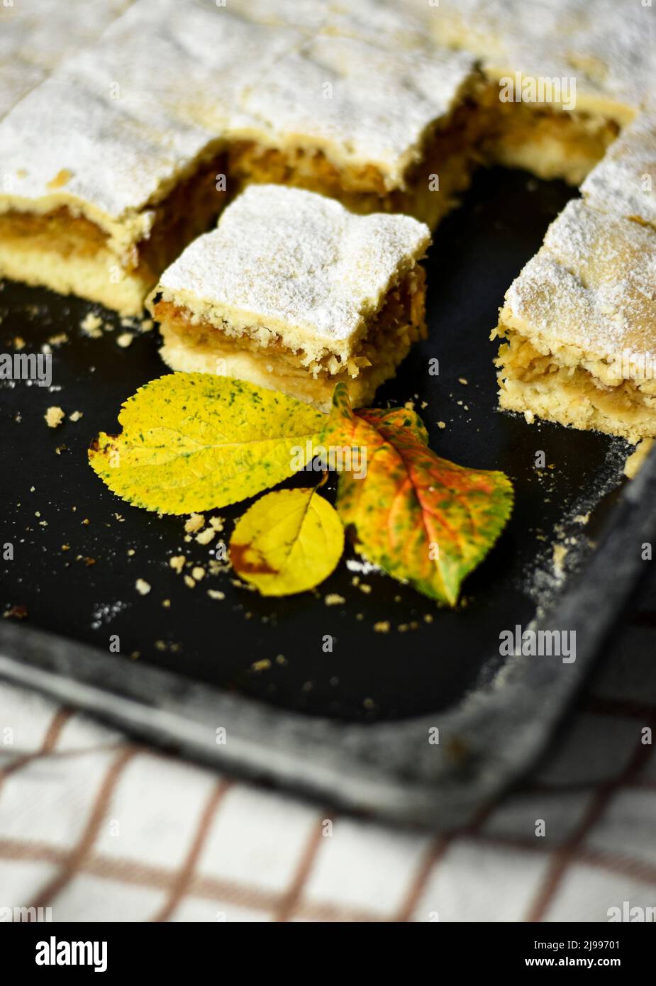 food background Apple pie with autumn leaves Stock Photo - Alamy