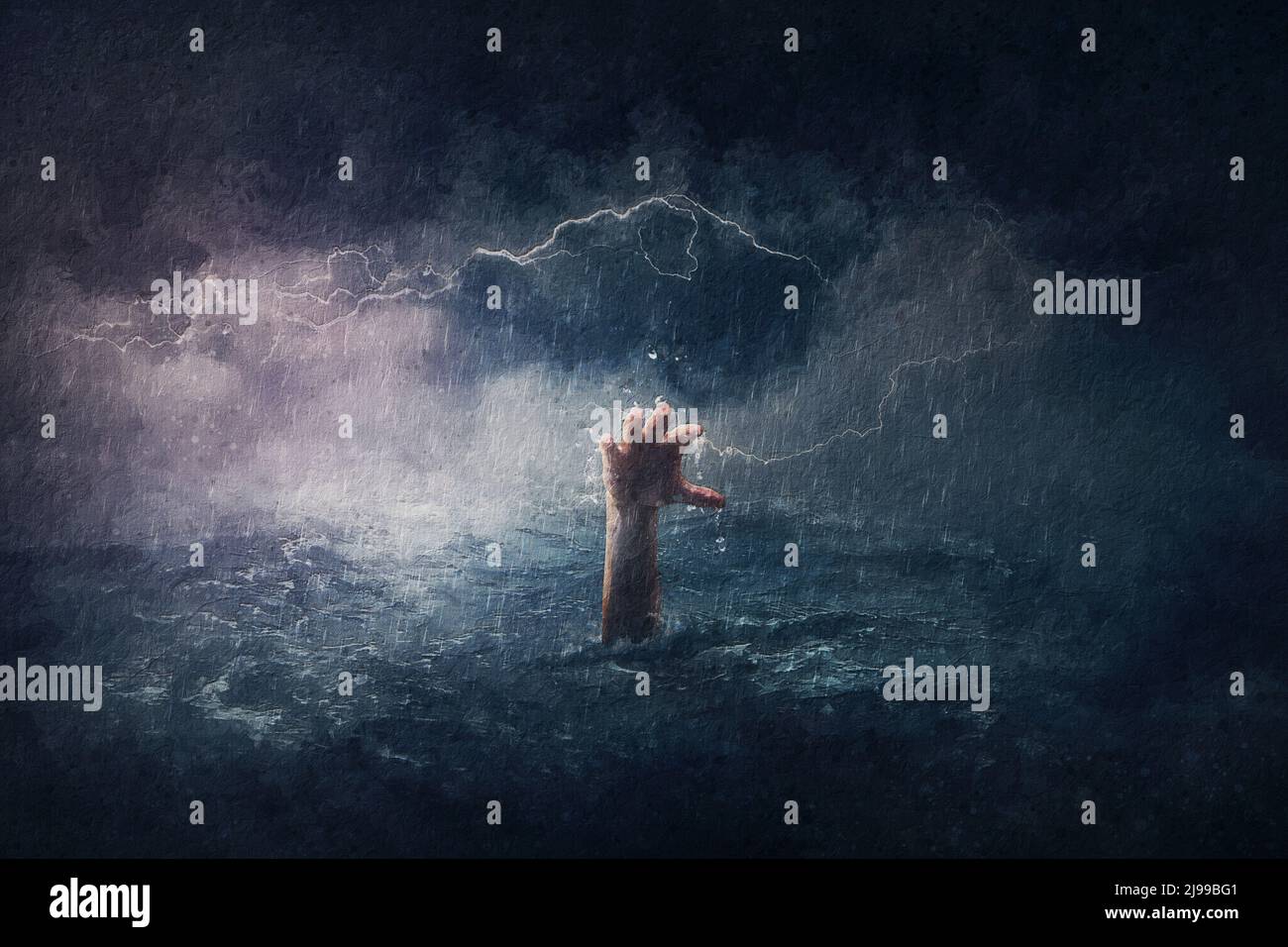 Surreal painting of a man drowning in the sea, lifting his hand up ...