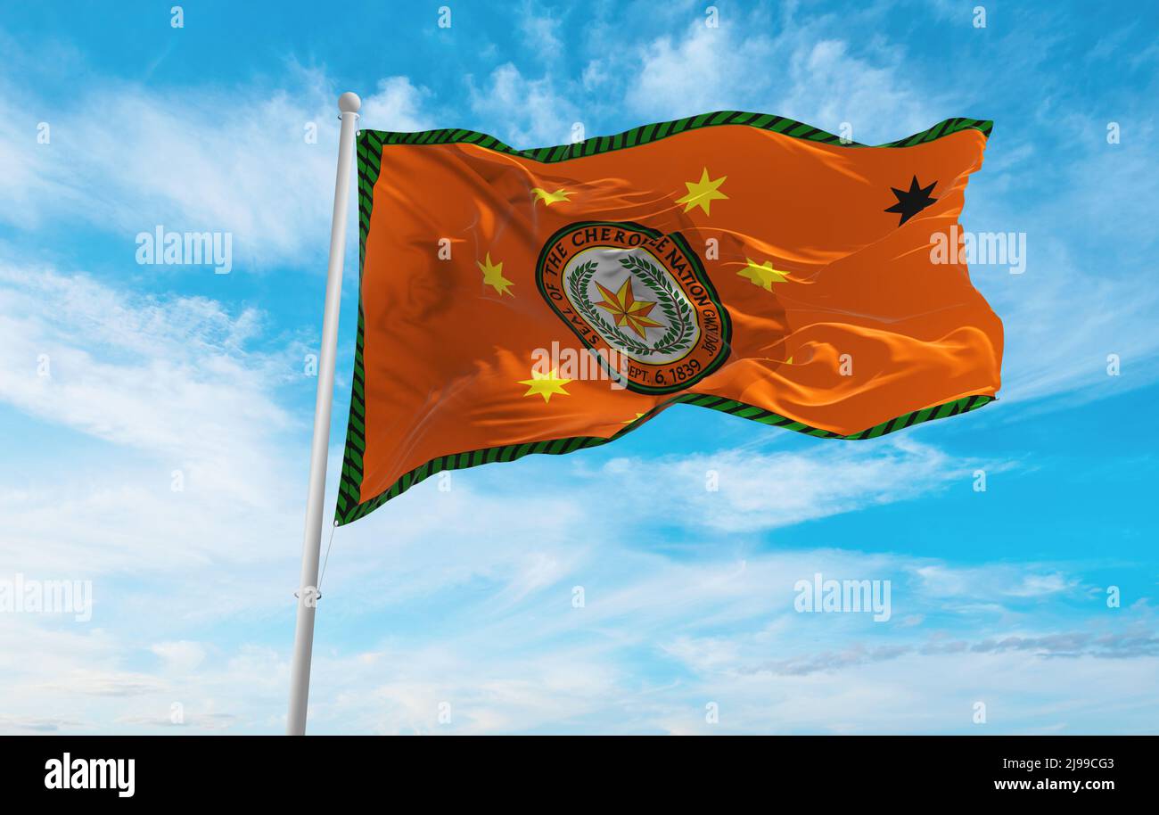 official flag of Cherokee Nation people ethnic, USA at cloudy sky ...