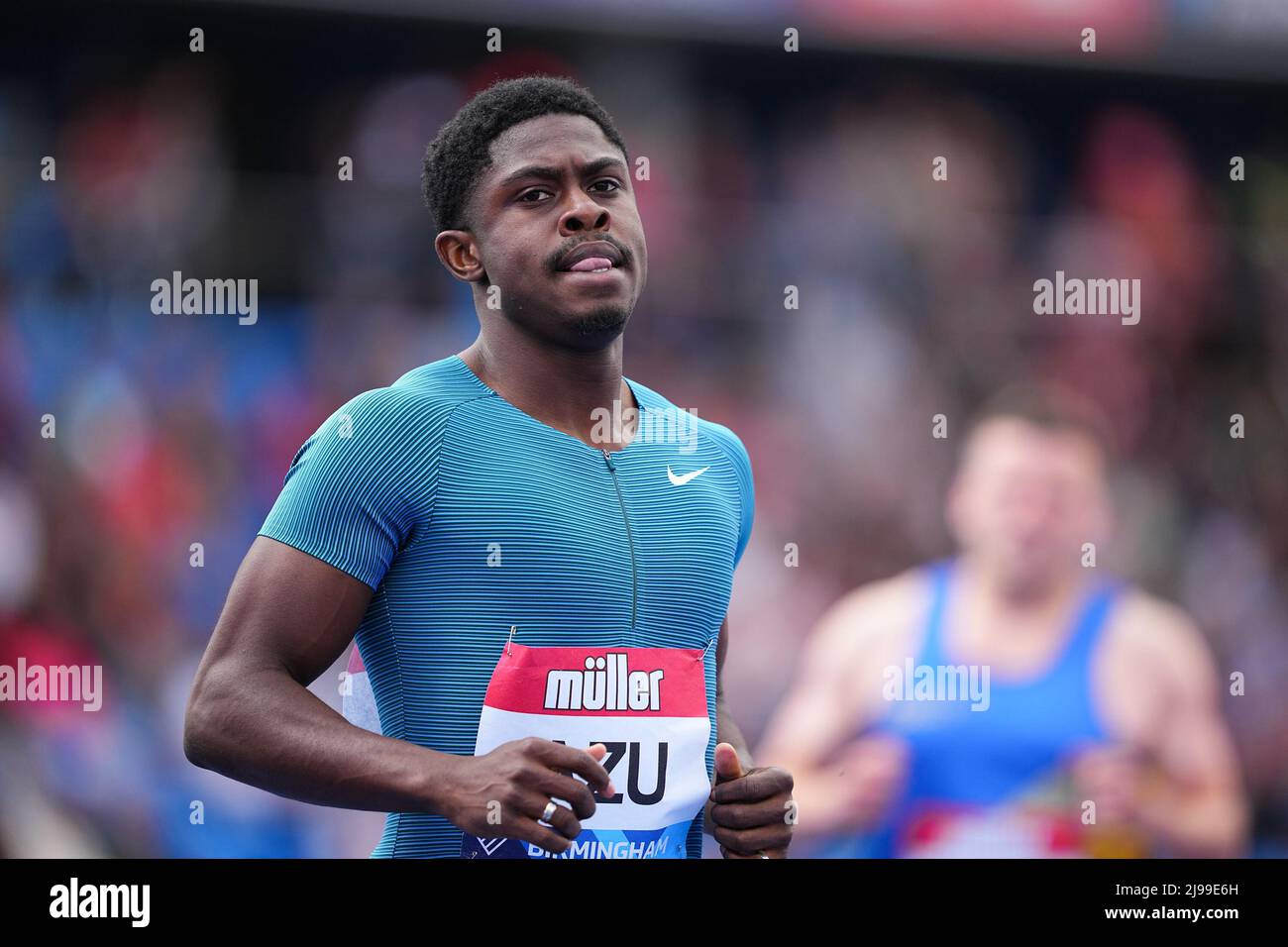 Jeremiah Azu of Great Britain wins the men’s 100m B race during the ...