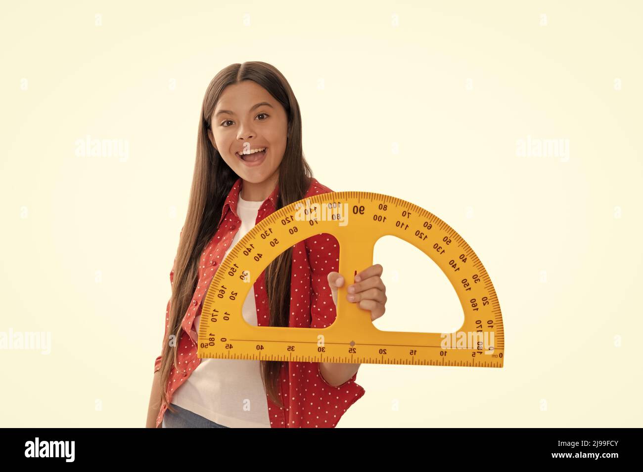 happy child hold protractor study algebra at school isolated on white ...