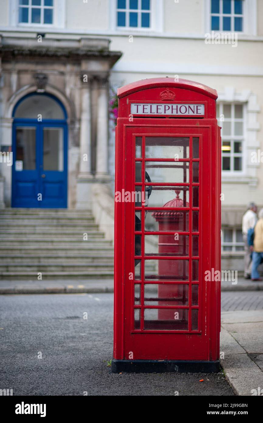 Traditional Phone Box with a red post box behind it, Truro, Cornwall ...