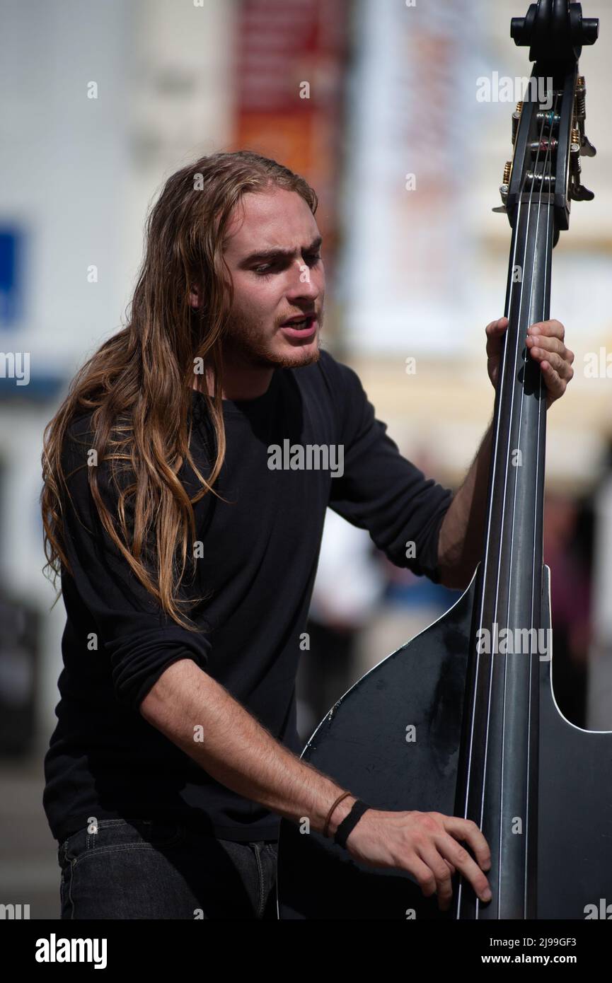 Street busker with a double bass Stock Photo - Alamy