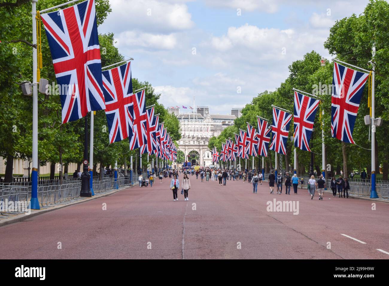Union Jack flags decorate The Mall for the Queen's Platinum Jubilee ...