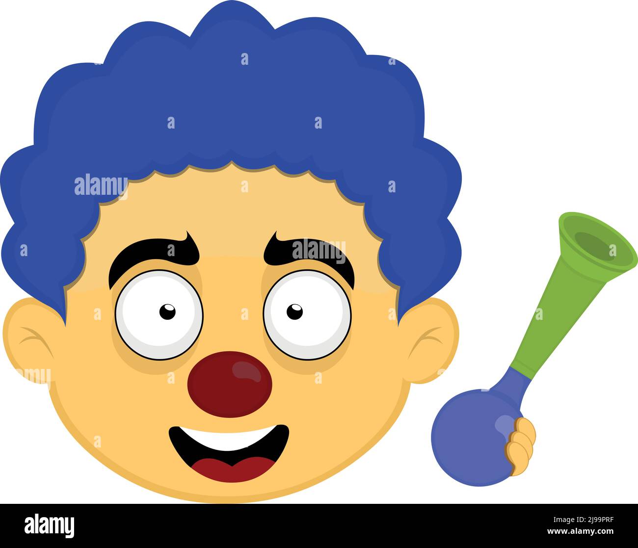 Vector illustration of the face of a yellow cartoon clown with a horn ...