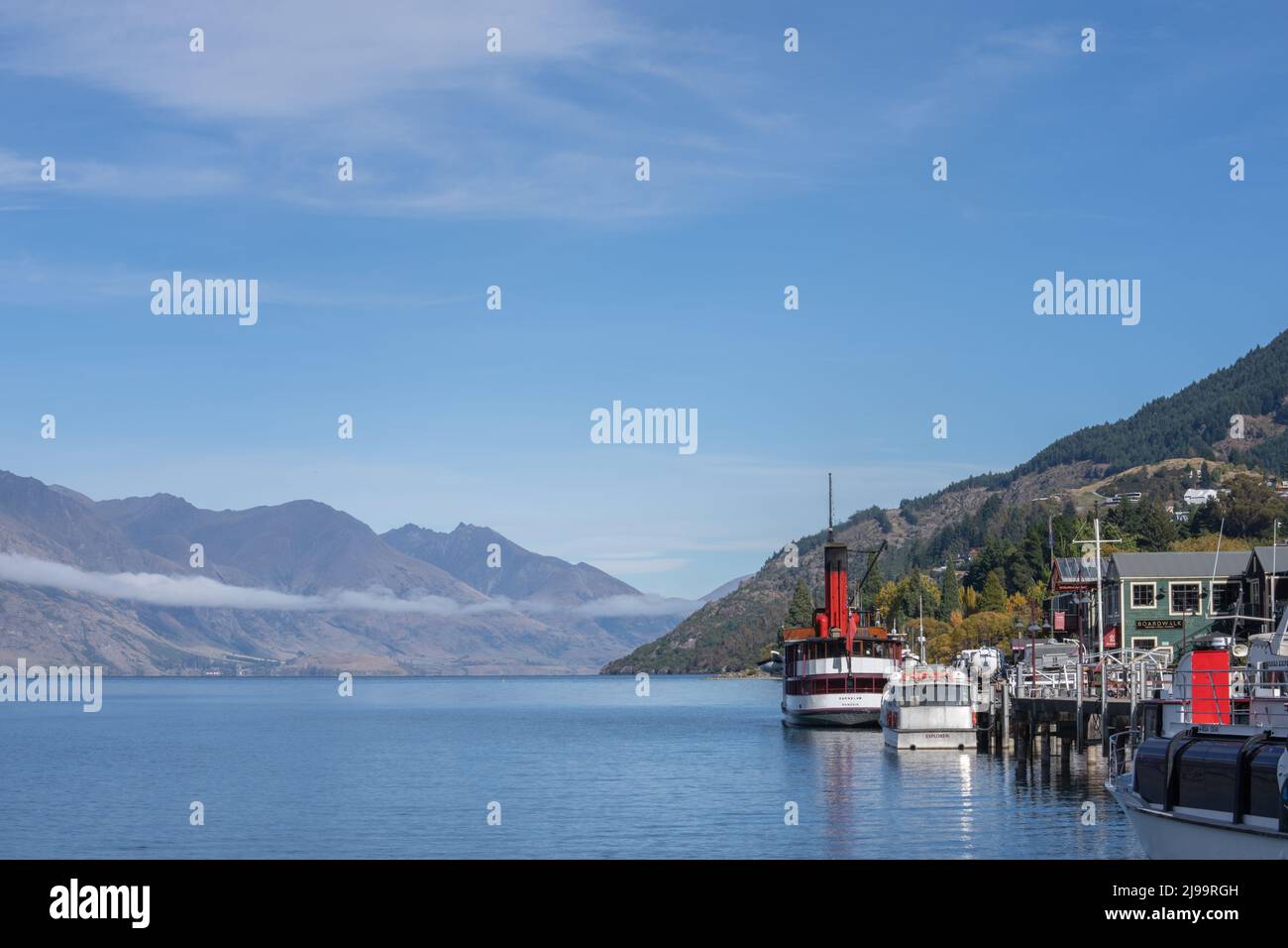Queenstown New Zealand - April 14 2022; Lake Wakatipu view down lake to ...