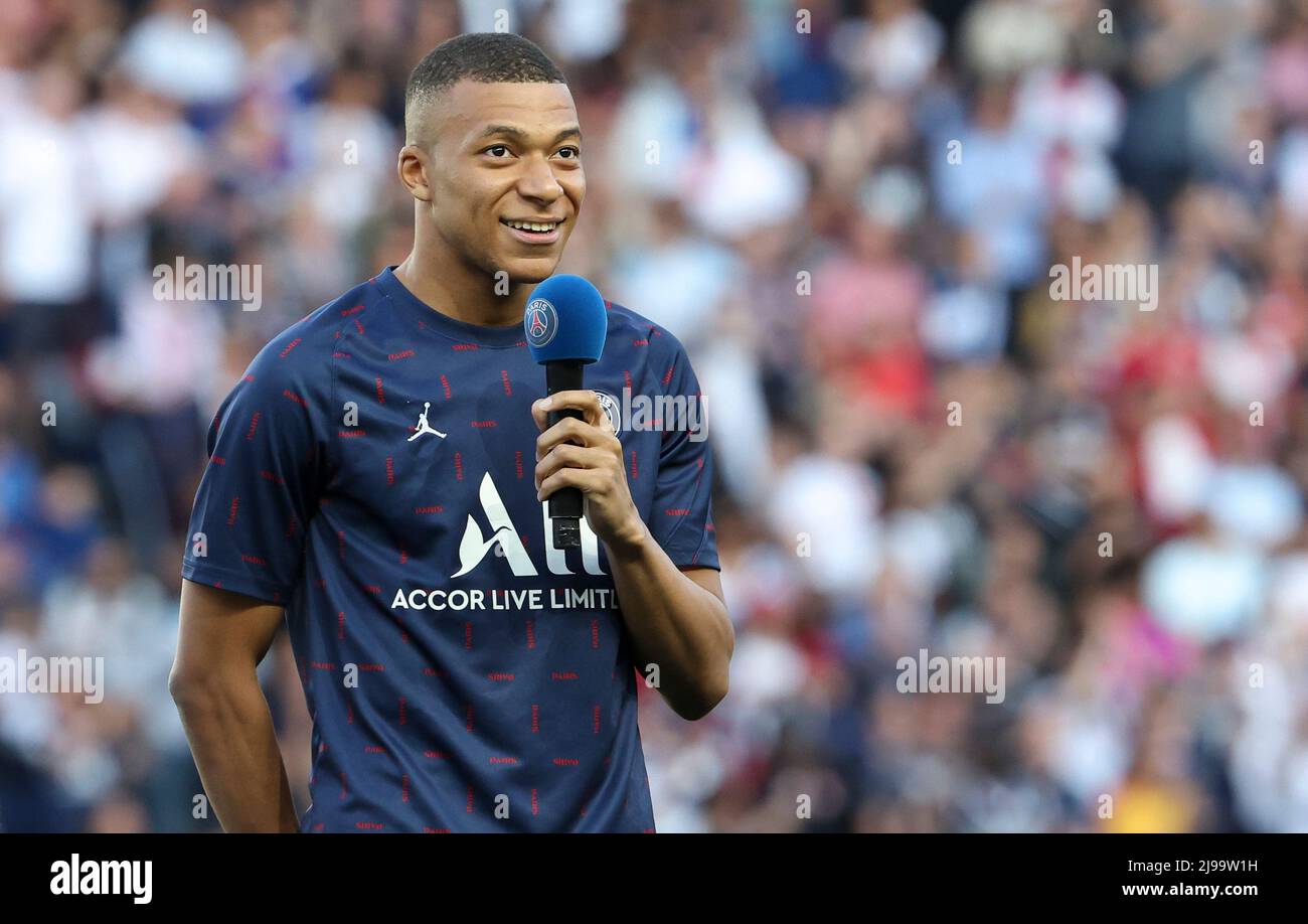 Kylian Mbappe of PSG during a brief ceremony celebrating his new ...