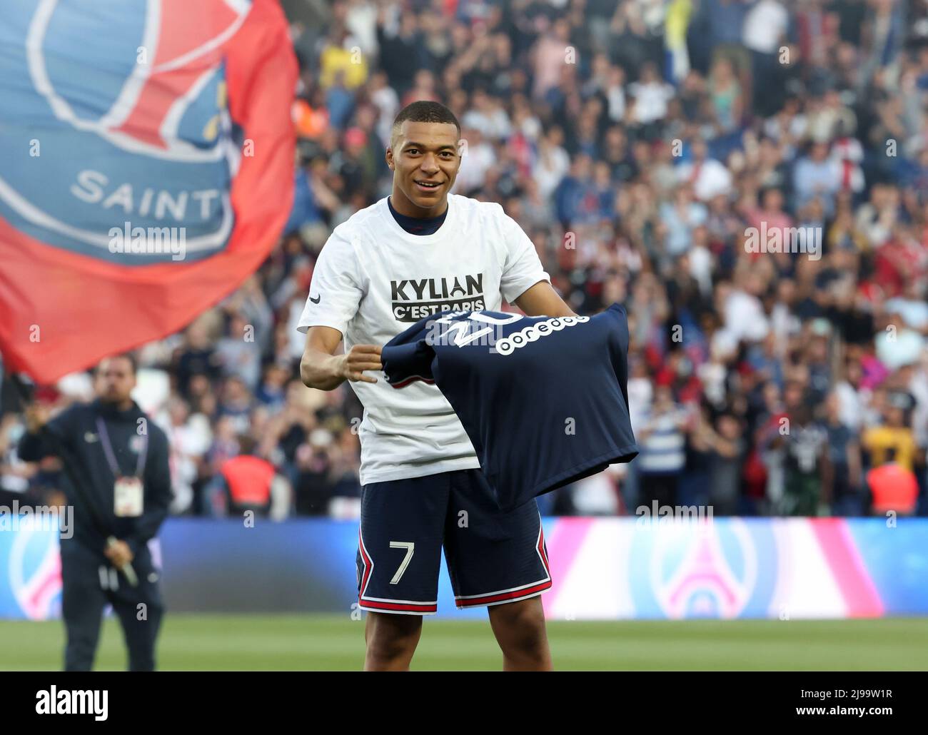 Kylian Mbappe of PSG during a brief ceremony celebrating his new ...