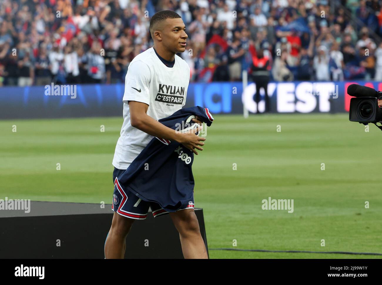 Kylian Mbappe of PSG during a brief ceremony celebrating his new ...