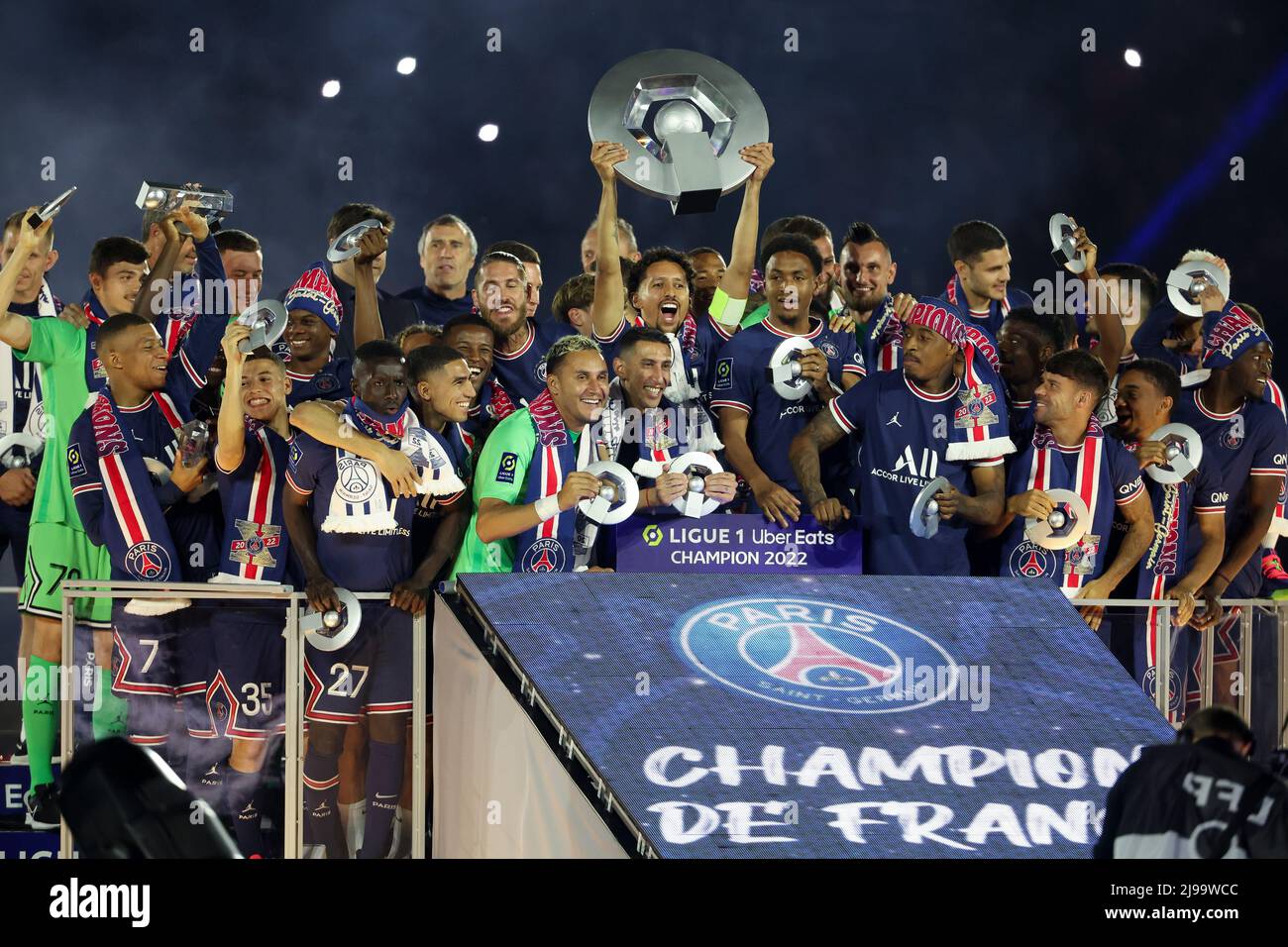 Captain of PSG Marquinhos and teammates celebrate during the Ligue 1 ...