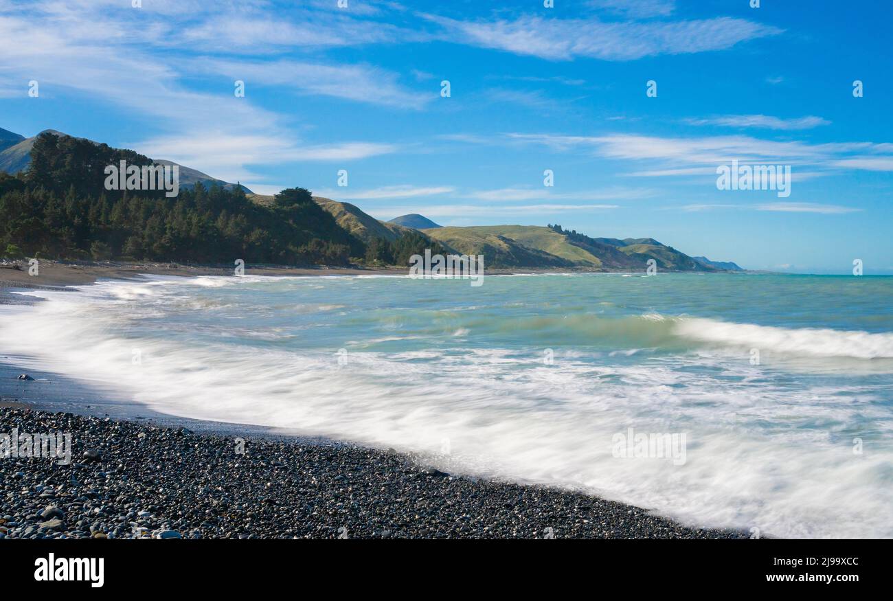 Stony shoreline of Kaikoura coastline on east coast South Island New ...