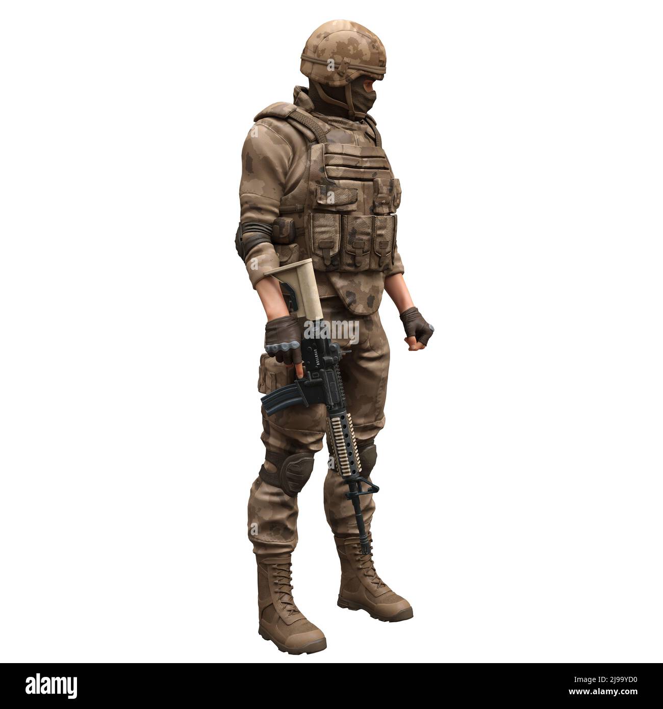 3D illustration soldier with a machine gun isolated white background ...