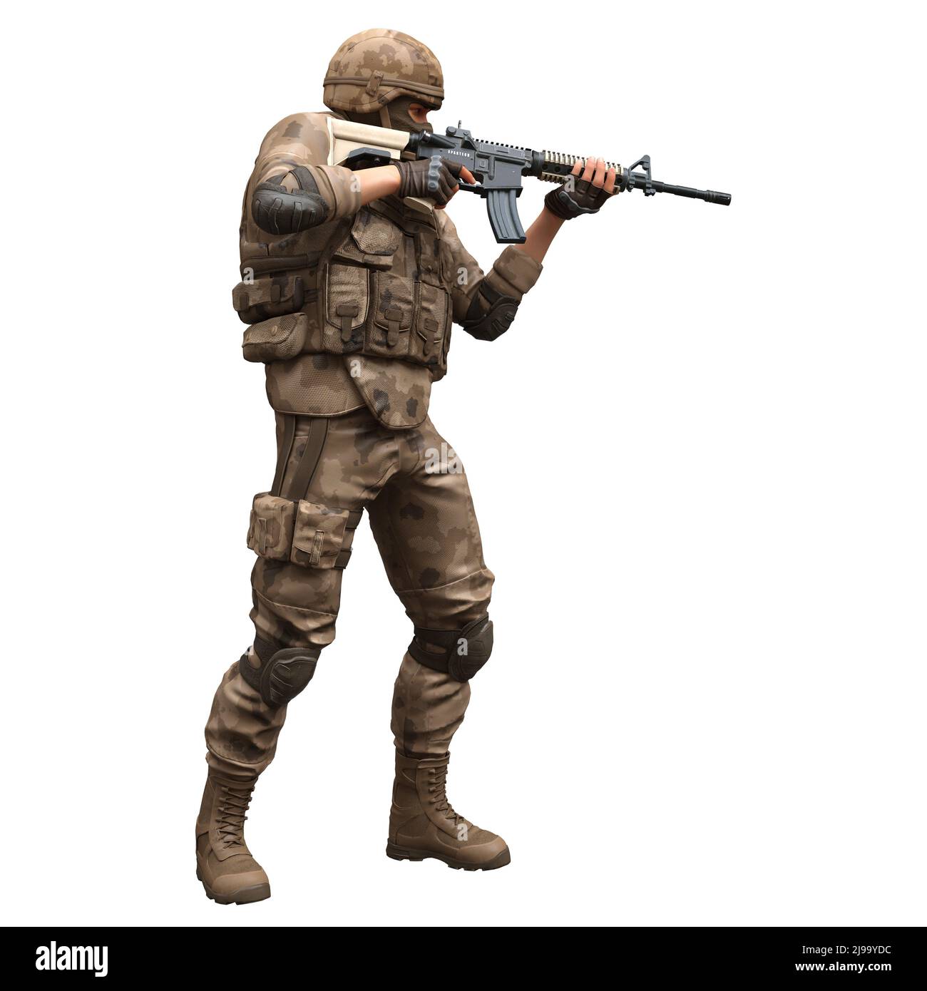 3D illustration soldier with a machine gun isolated white background ...