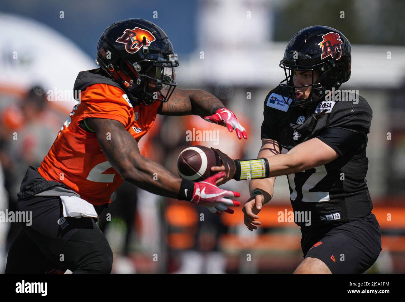B.C. Lions quarterback Nathan Rourke, right, hands off to running back ...