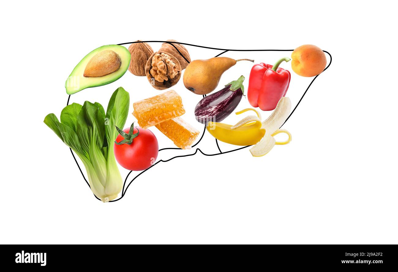 Drawing of liver with healthy fresh vegetables, nuts and fruits on ...