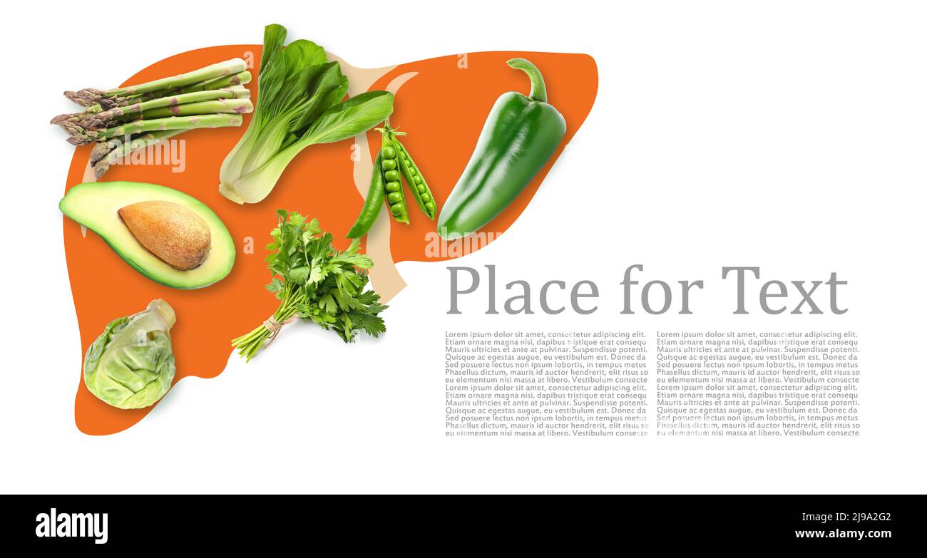 Drawing of liver with healthy fresh vegetables on white background with ...