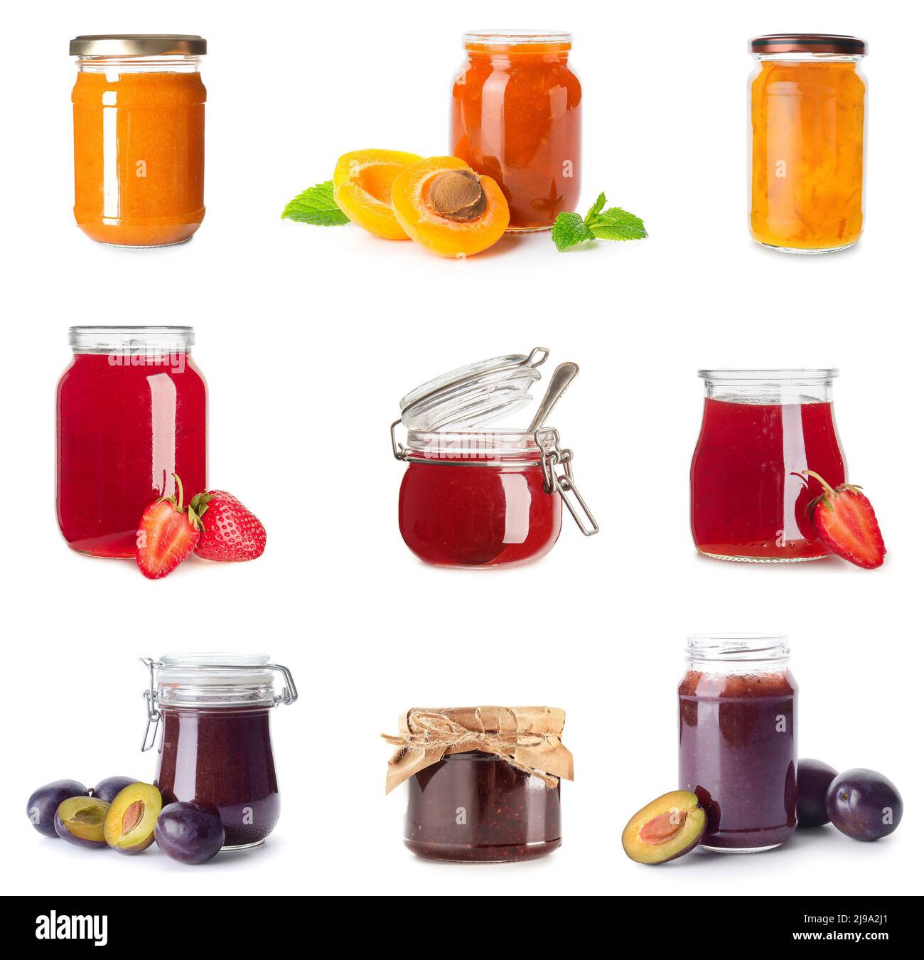 Set of jars with sweet jams on white background Stock Photo - Alamy