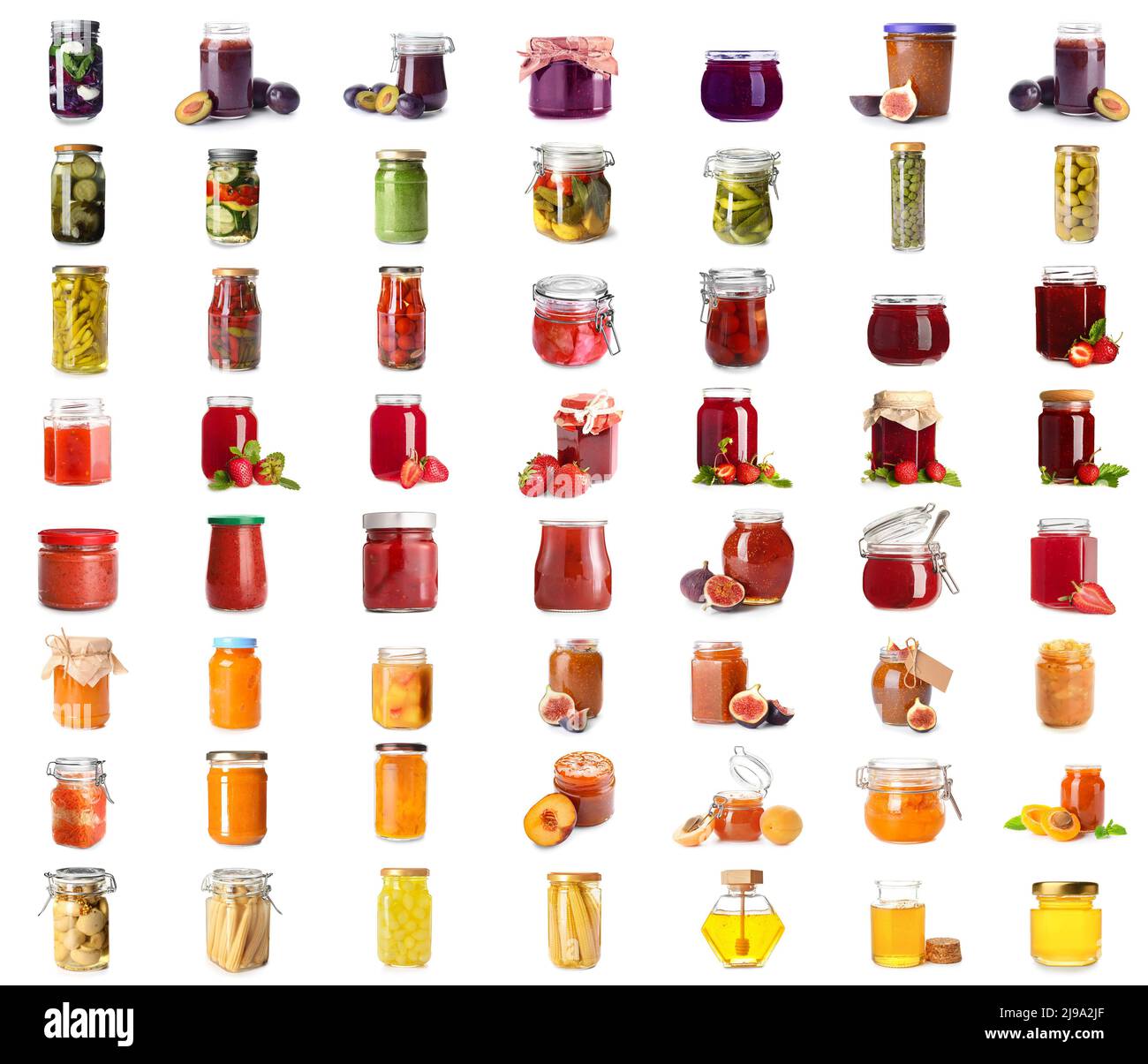 Set of jars with different preserved food on white background Stock ...