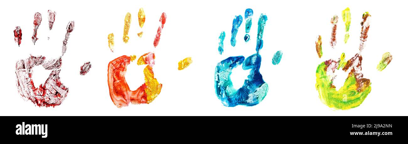 Colorful prints of human palms on white background Stock Photo - Alamy
