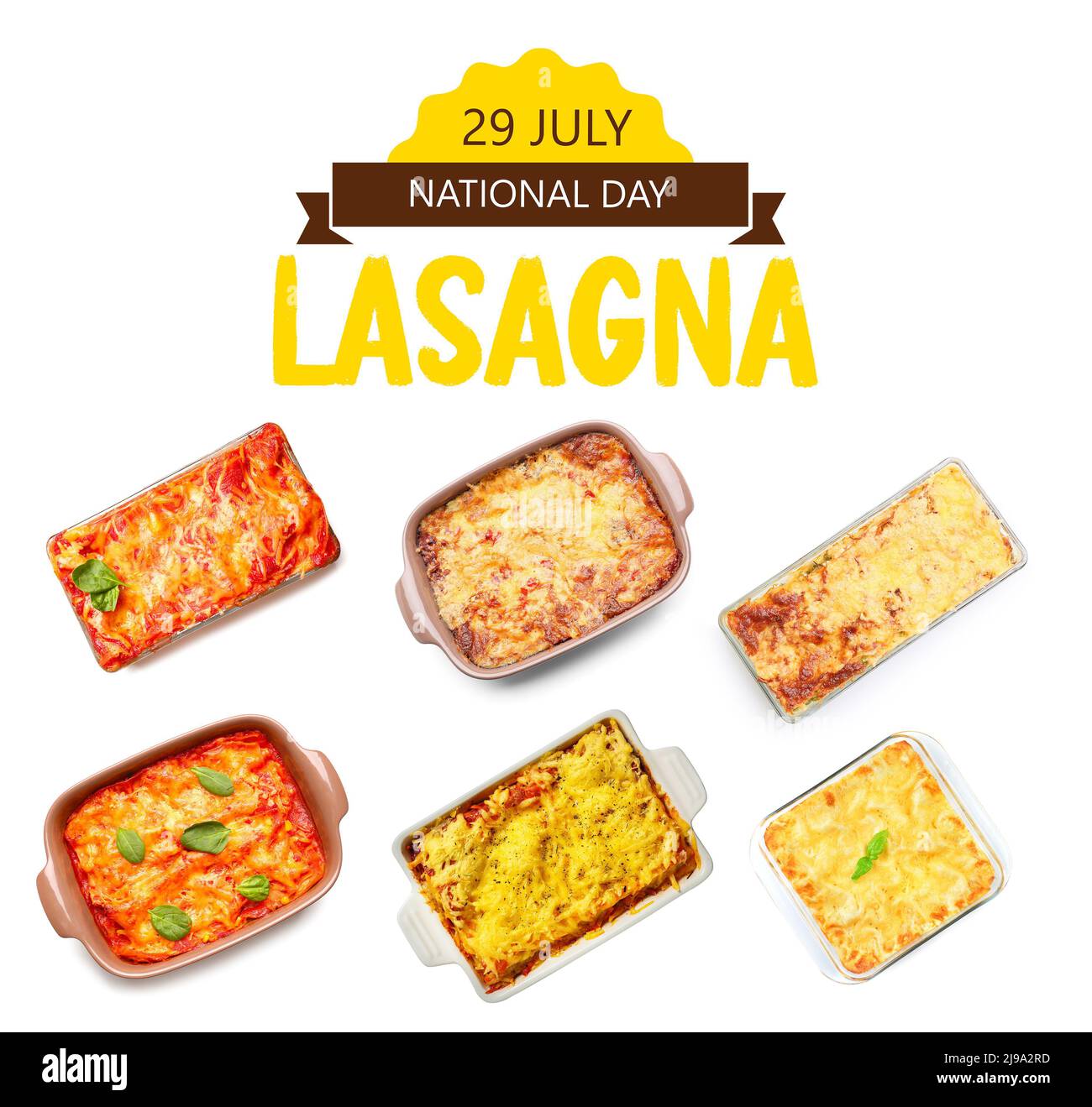 Baking dishes with tasty traditional lasagna on white background ...