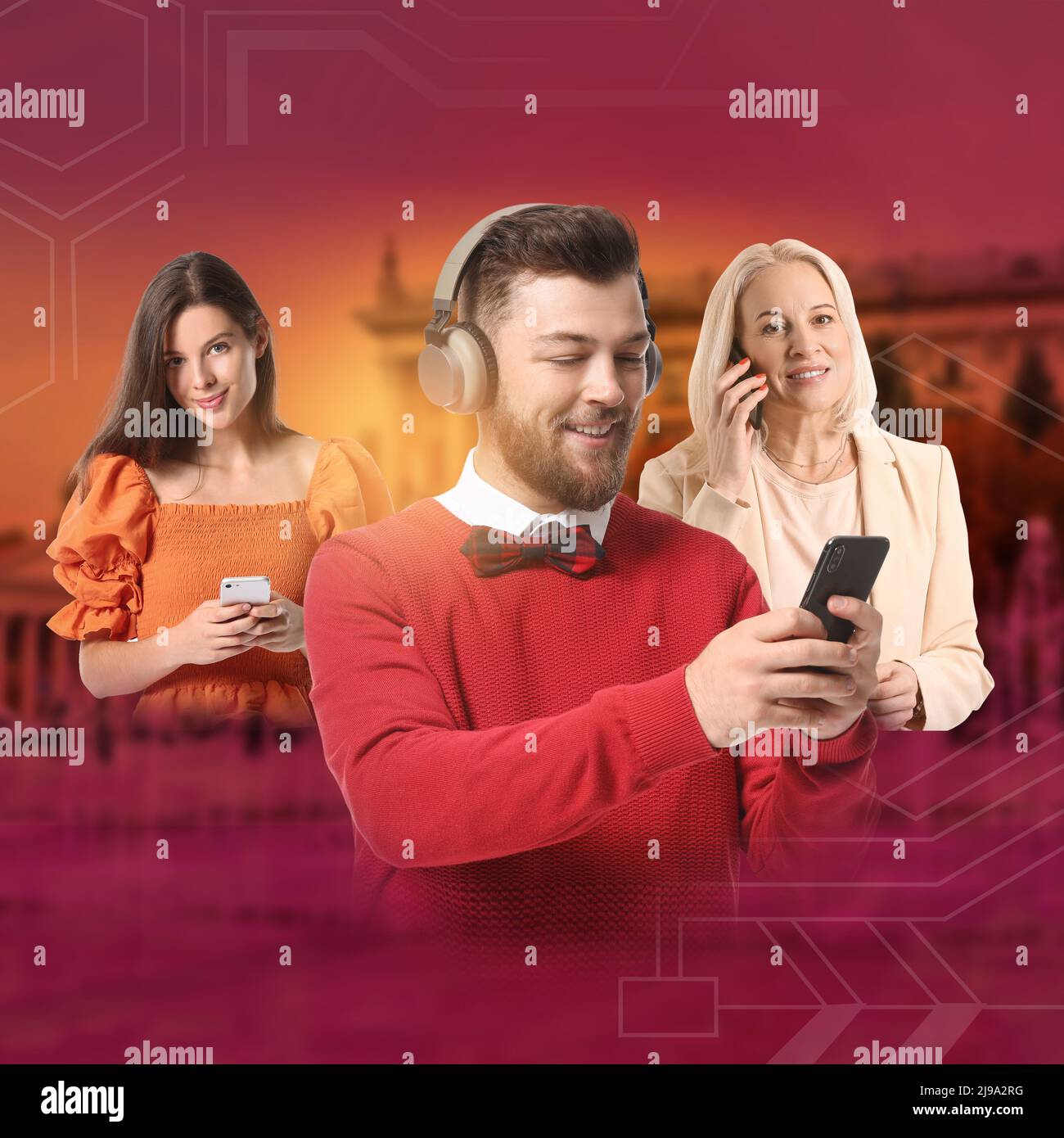 Collage with people using smartphones and blurred city street Stock ...