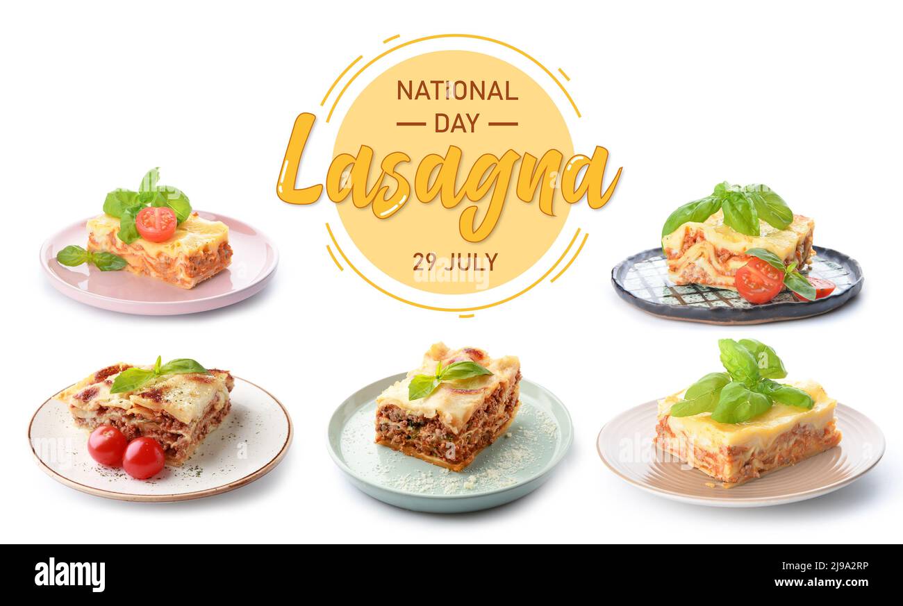 Plates with tasty traditional lasagna on white background. Celebration ...