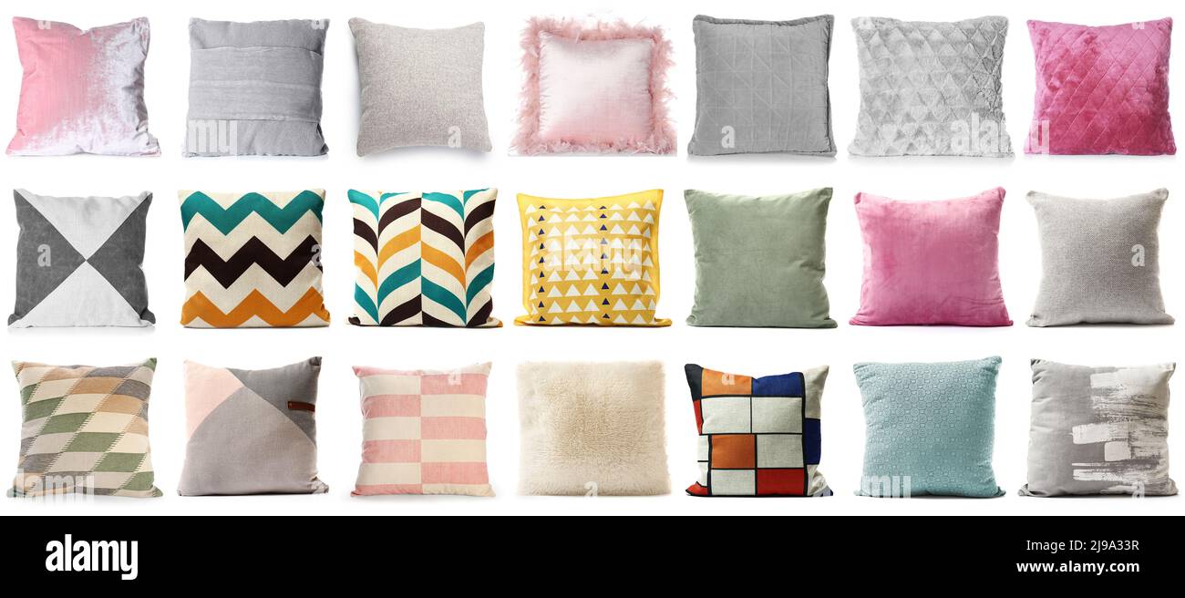 Set of many soft pillows on white background Stock Photo - Alamy