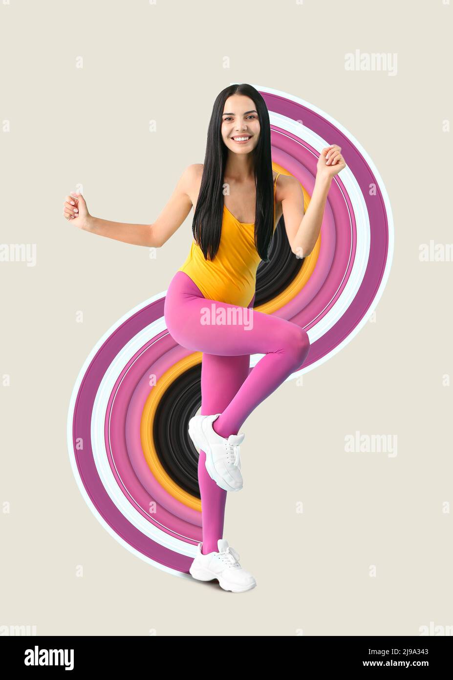 Poster with sporty young woman doing aerobics on light background Stock ...