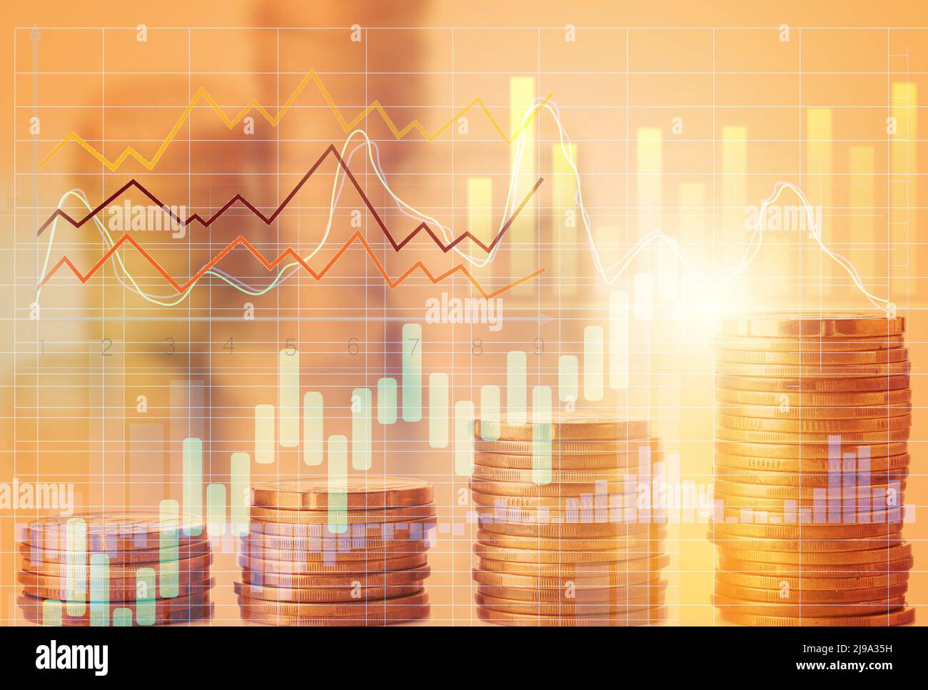 Collage with coins and graphs on color background. Currency exchange ...