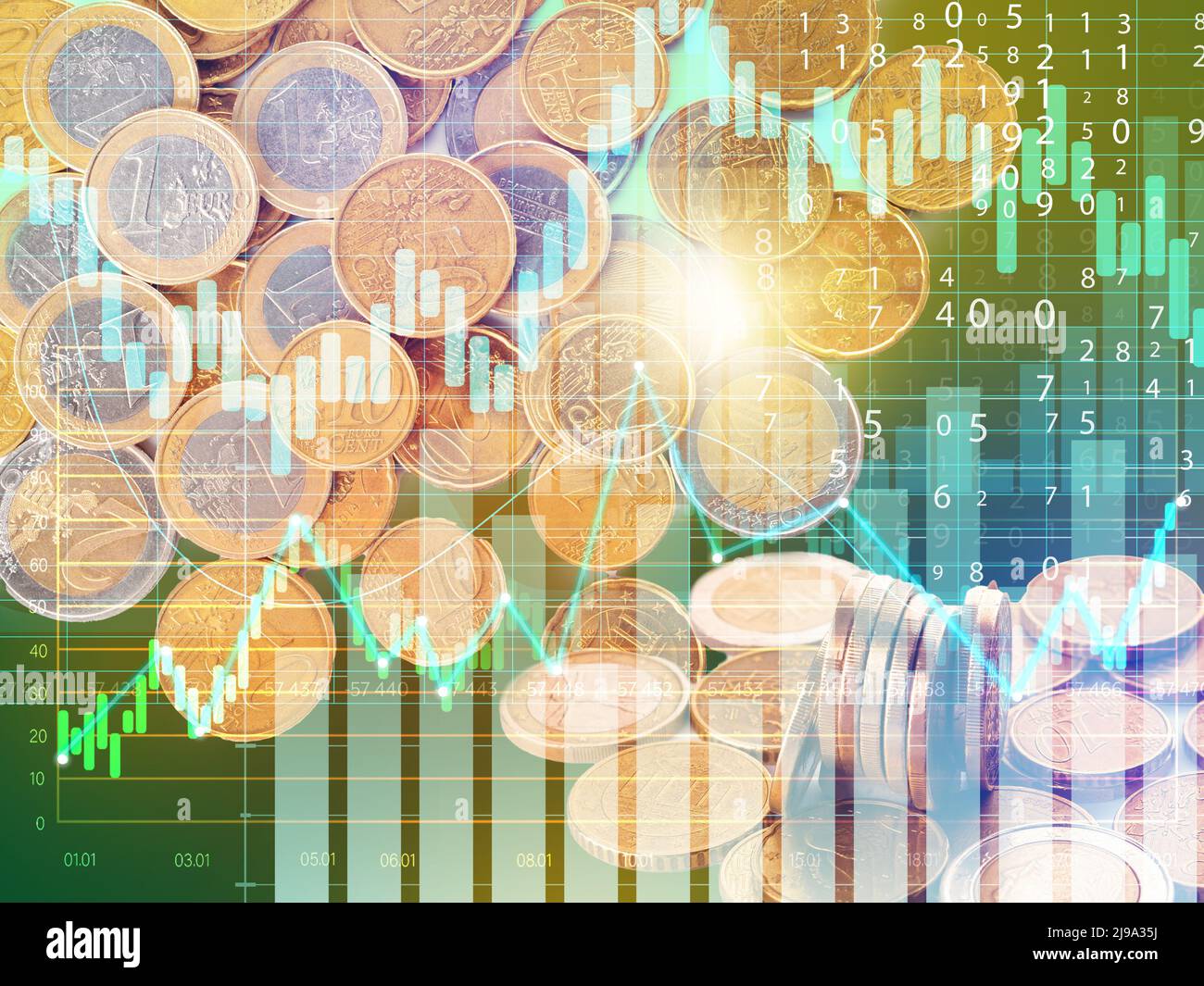 Collage with coins and graphs on green background. Currency exchange ...
