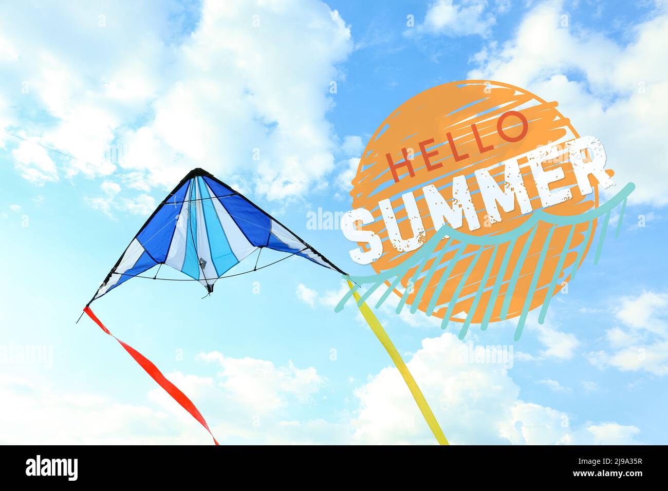 Colorful kite flying in blue sky. Hello, summer Stock Photo - Alamy