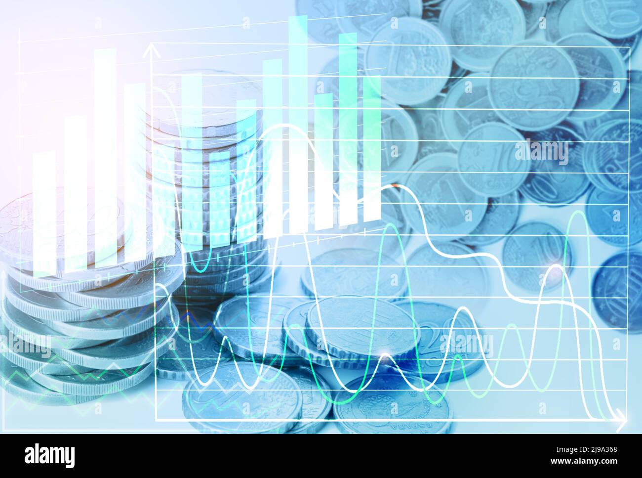 Collage with coins and graphs. Currency exchange rates fluctuation ...