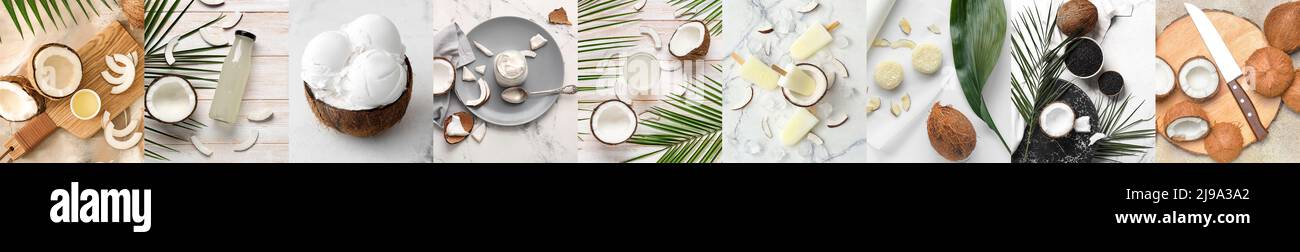 Set of different coconut products on light background Stock Photo - Alamy