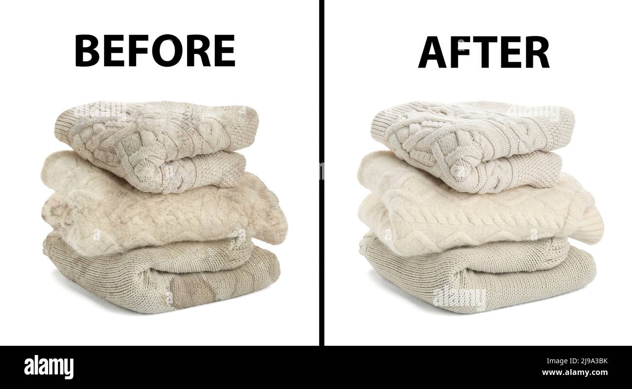 Stack of clothes before and after dry-cleaning on white background ...