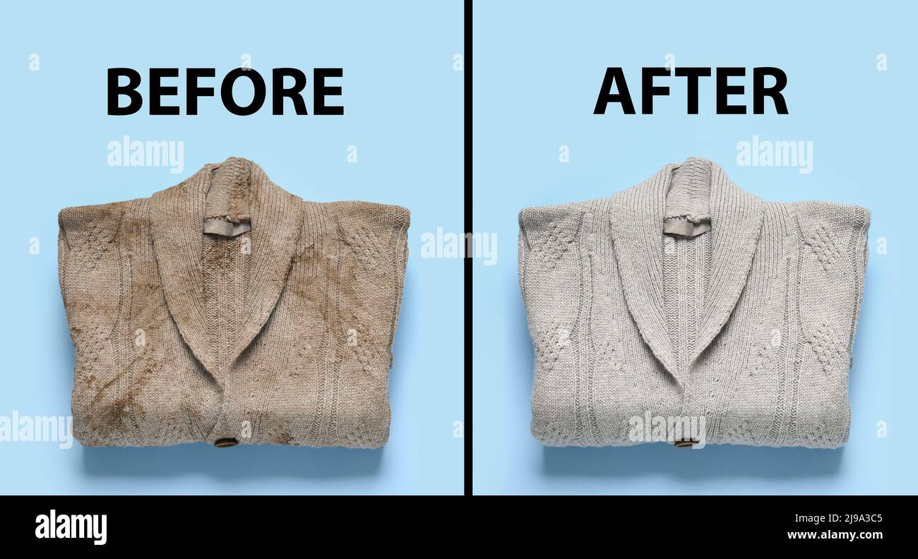 Knitted sweater before and after dry-cleaning on light blue background ...
