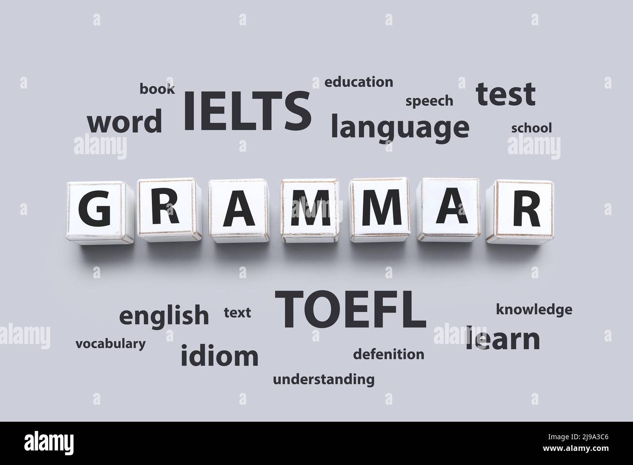 Text GRAMMAR made of cubes and different words on grey background ...