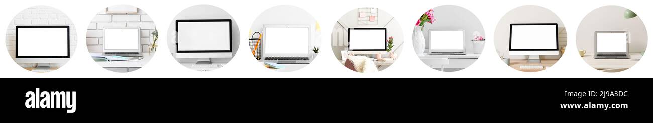 Collage with computers and laptops on white background Stock Photo - Alamy