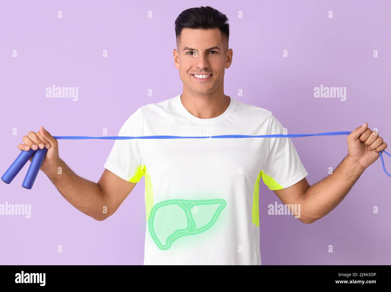 Sporty young man with healthy liver on lilac background Stock Photo - Alamy