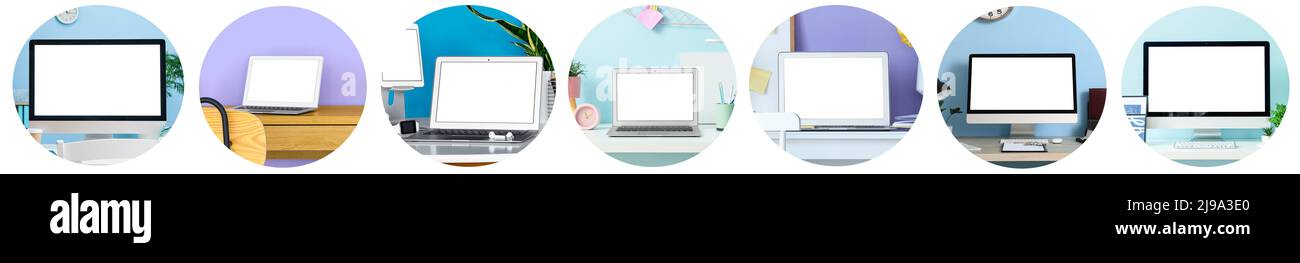 Collage with computers and laptops on white background Stock Photo - Alamy