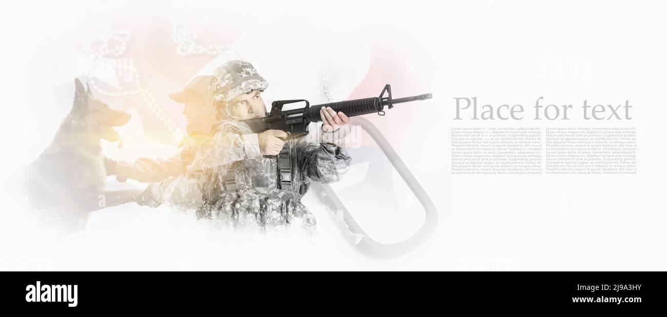 Collage with USA soldier and military dog on white background with ...