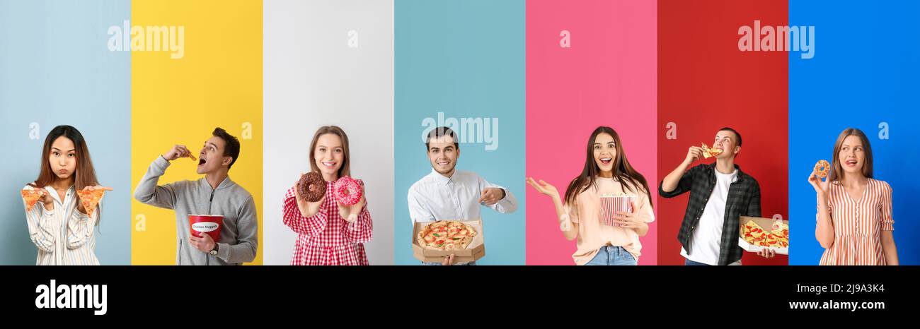 Set of young people eating fast food on colorful background Stock Photo ...