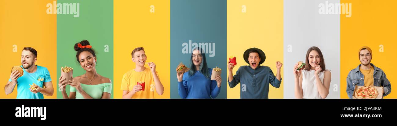 Set of young people eating fast food on colorful background Stock Photo ...