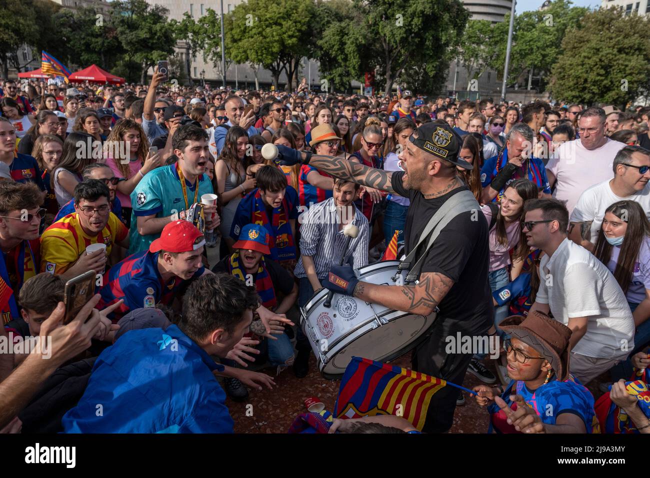 A crowd of supporters of the Barcelona Women's Football Club are seen ...
